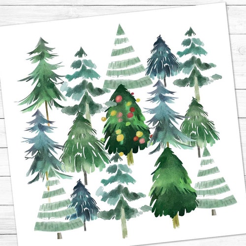 Printable Card Watercolor Holiday Christmas Trees Print - Etsy