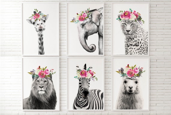 Set of 6 Animals With Flower Crowns Printable Art - Etsy