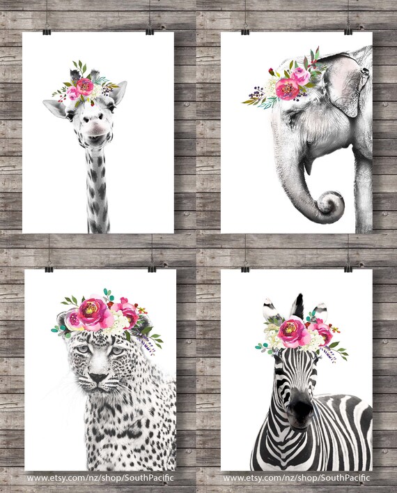 Set of 4 animal Printables Elephant Leopard Zebra Giraffe | Etsy