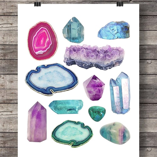Gemstones Minerals Art Print Watercolor Crystals Art Print - Etsy