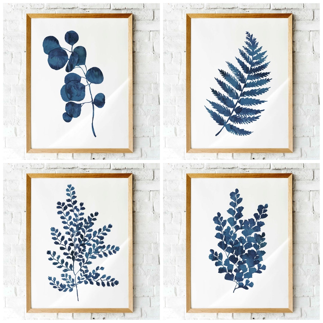 Fern Prints Printable Art Set of 4 Watercolor Ink Blue Indigo Fern Leaf ...