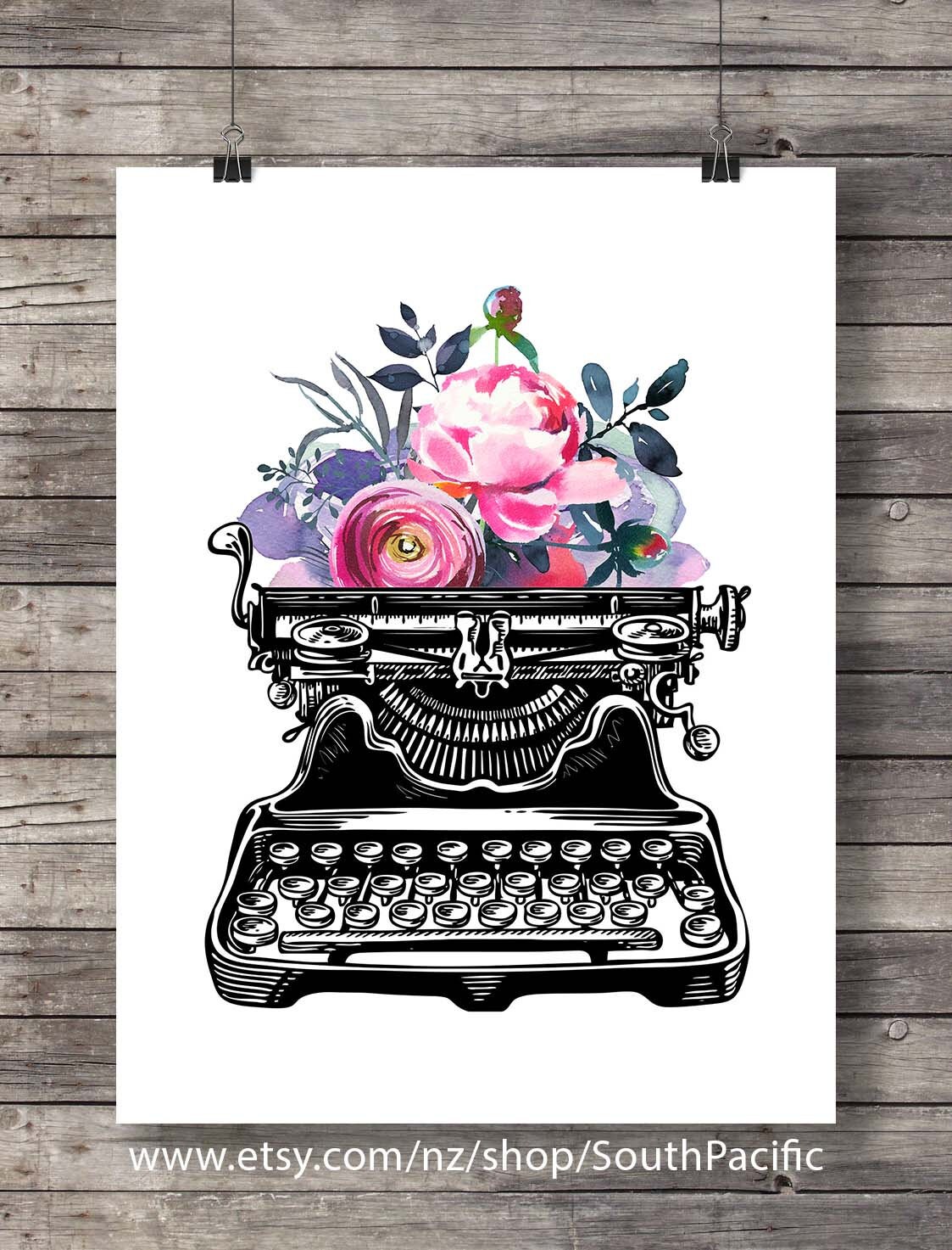 Vintage Typewriter Watercolor flowers Printable floral wall | Etsy