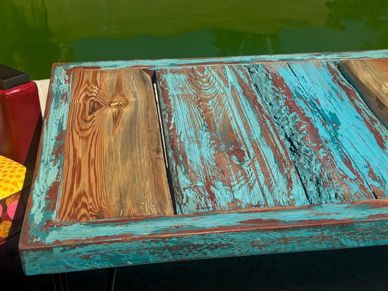 Vintage Turquoise Table, Farmhouse Oak Table, Barn Wood End Table ...