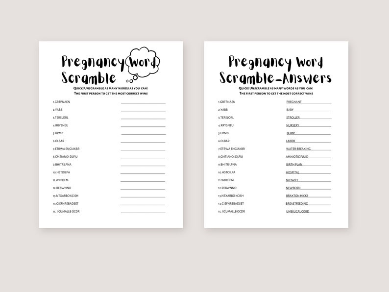Pregnancy Word Scramble Baby Shower Games Minimalistic Instant Download ...