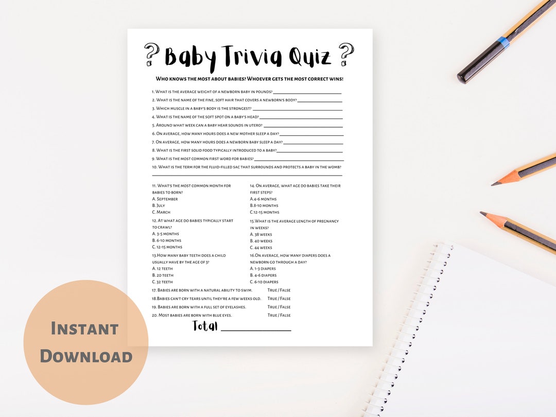 Baby Trivia Quiz Baby Shower Games Printable Games Minimalistic Instant ...