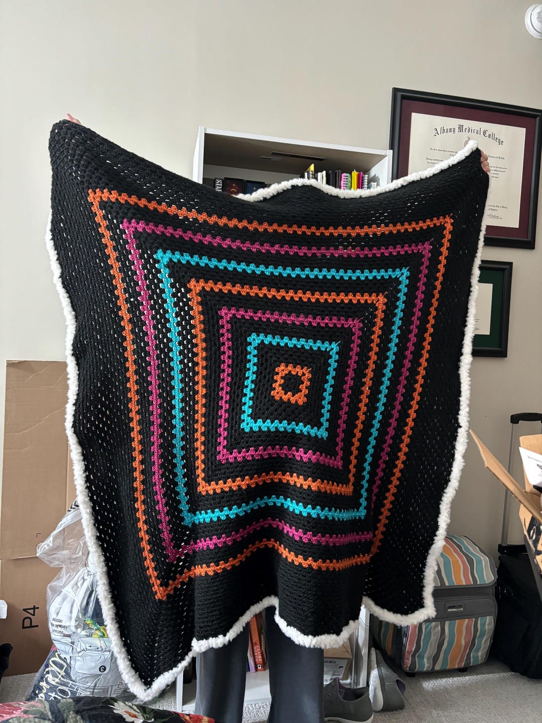 Granny Square Blanket With Furry Edging - Etsy UK