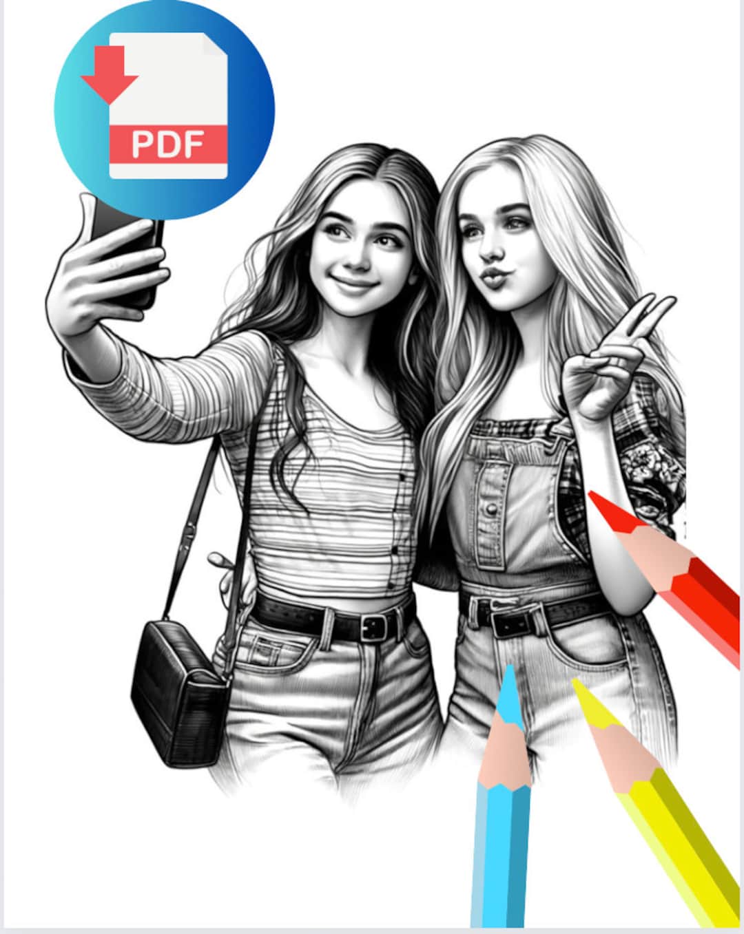 Coloring Page Two Teenage Girls Taking a Selfie, Adult and Children ...