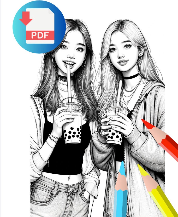 Coloring Page-line Art Drawing for Coloring,two Teenage Girls, Adult ...