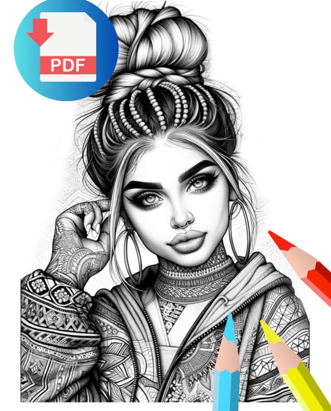 Coloring Page Girl With Her Hair Styled in a Bun, Adult and Children ...