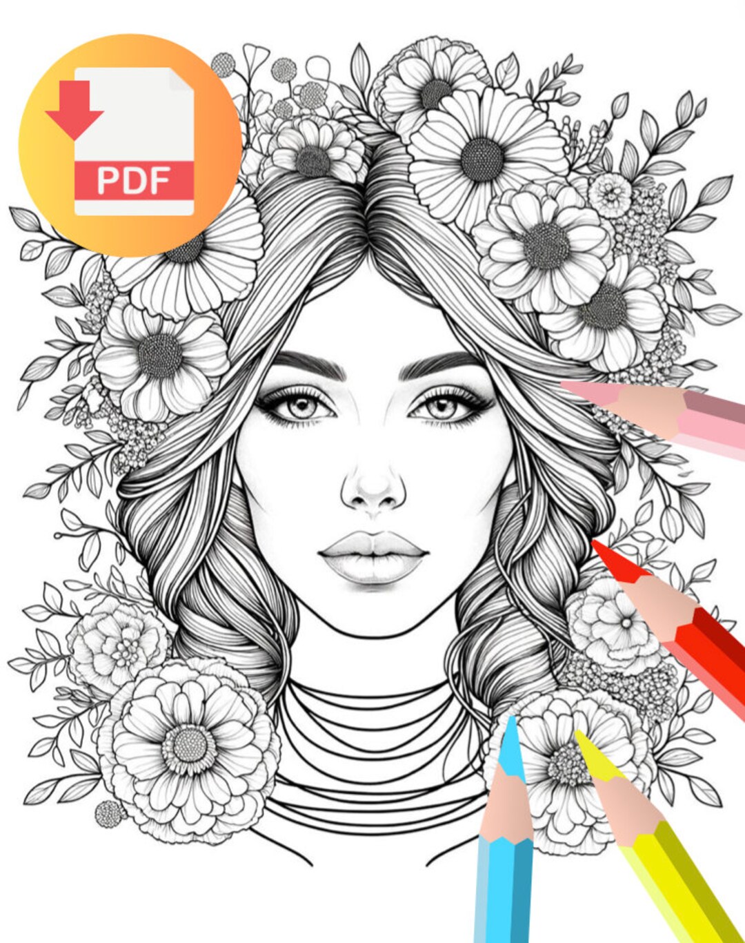 Coloring Page Drawing for Coloring, Woman With Natural Facial Features ...