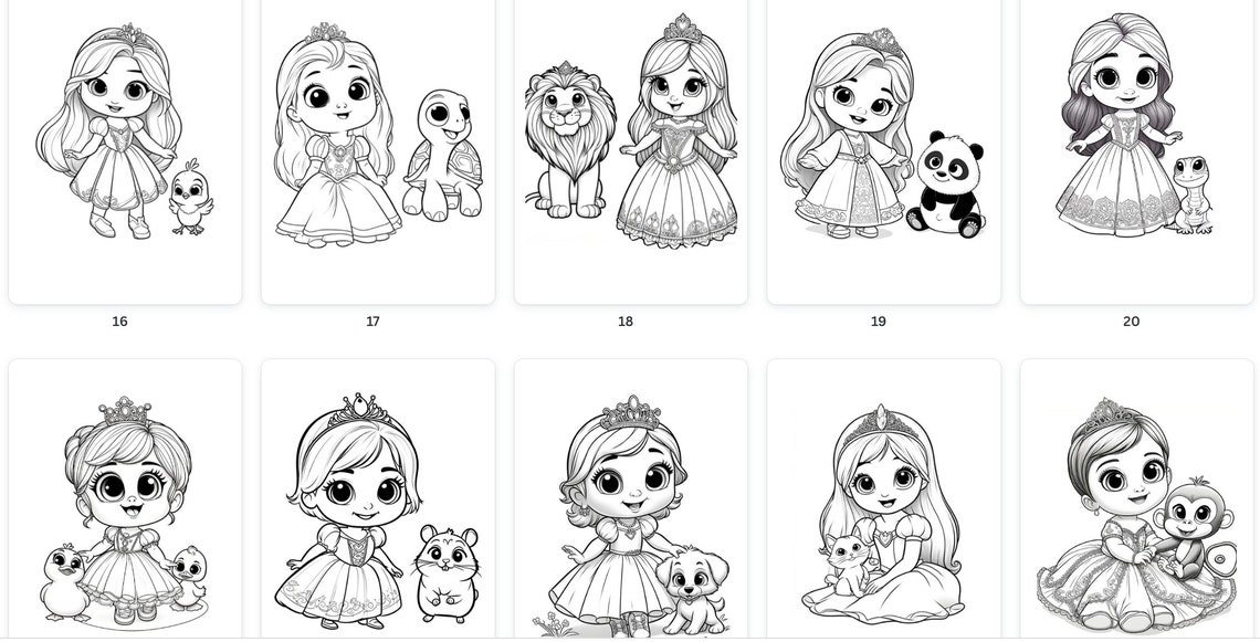 Coloring Pages for Kids 23 Pages Printable Princess and Animal Children ...