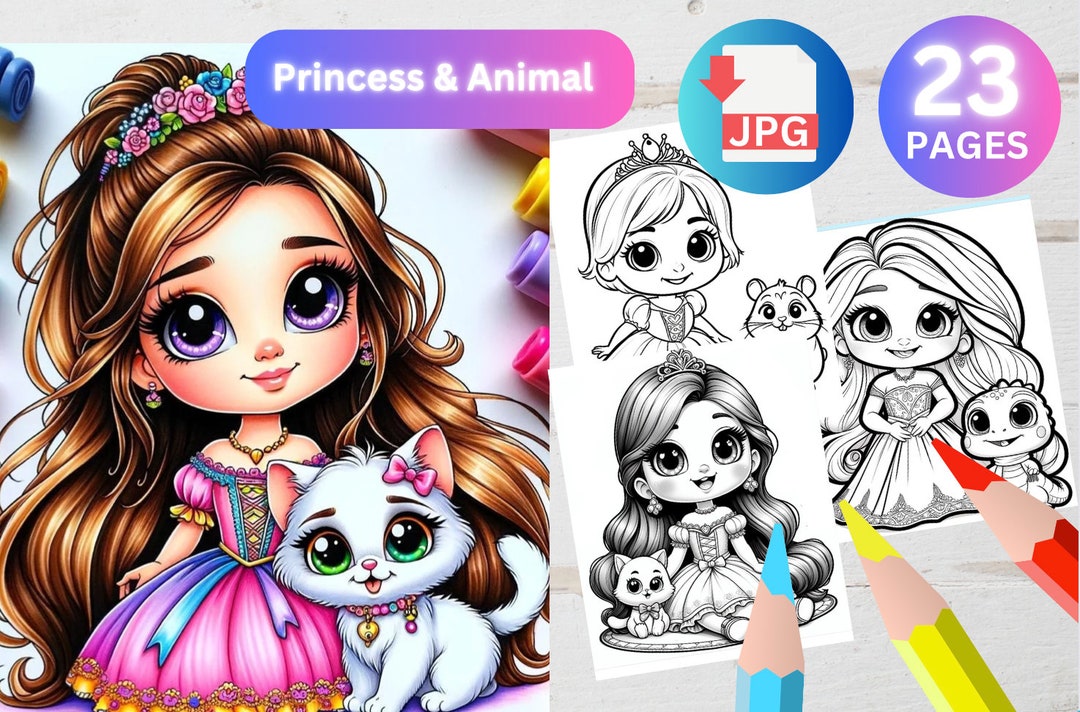 Coloring Pages for Kids 23 Pages Printable Princess and Animal Children ...