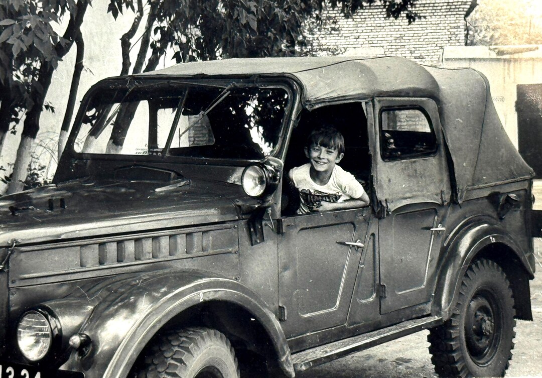 Vintage B&W Photo – Smiling Boy in Military Jeep – Retro Childhood ...