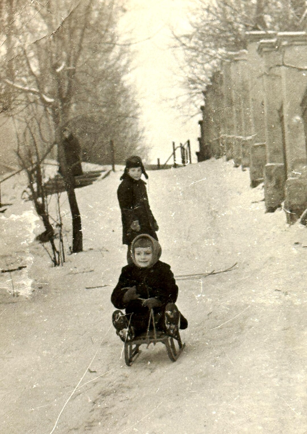 1950s Vintage Winter Photo – Children Sledding in Snow – Retro Holiday ...