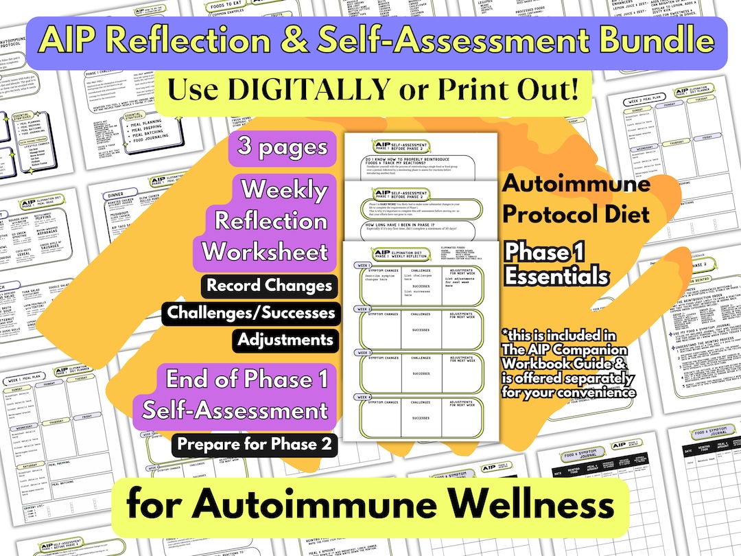 AIP Phase 1 Reflection & Self Assessment Worksheet Bundle for Autoimmune Wellness on the ...