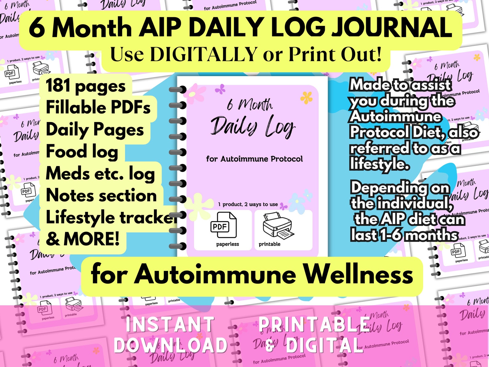6 Month AIP Daily Log Journal Digital Printable for the Autoimmune Protocol Diet Lifestyle for ...