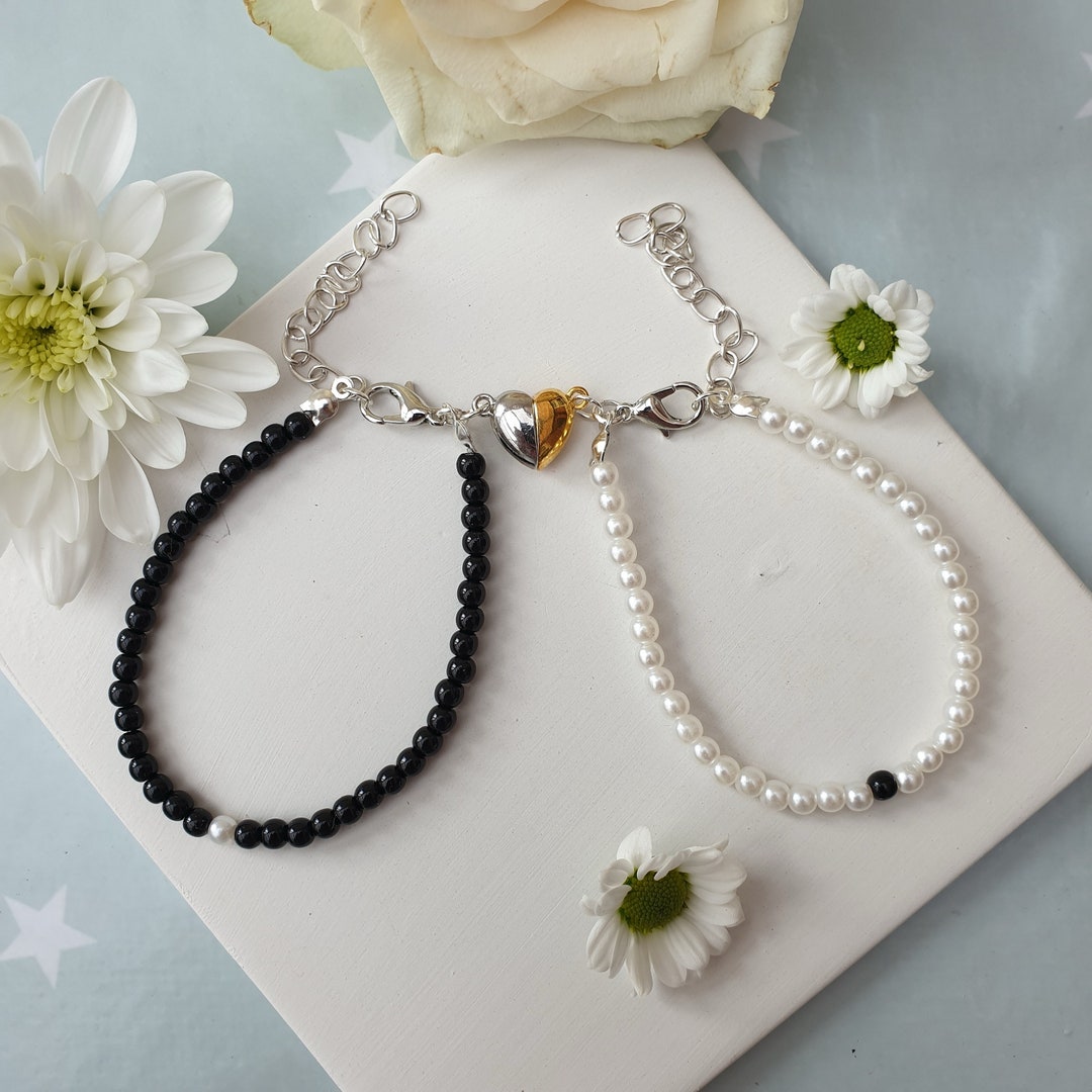 Personalized Magnetic Heart Couples Bracelet Set: Pearl Bead Matching ...