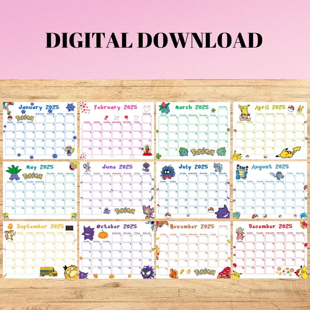 2025 Calendar Printable, Pokemon, Cute for Kids Calendar 2025, Wall ...