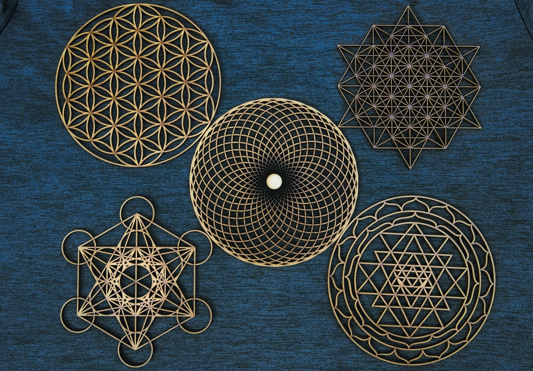 Sacred Geometry Wooden Wall Art: Flower of Life, Sri Yantra - Set of 5 ...