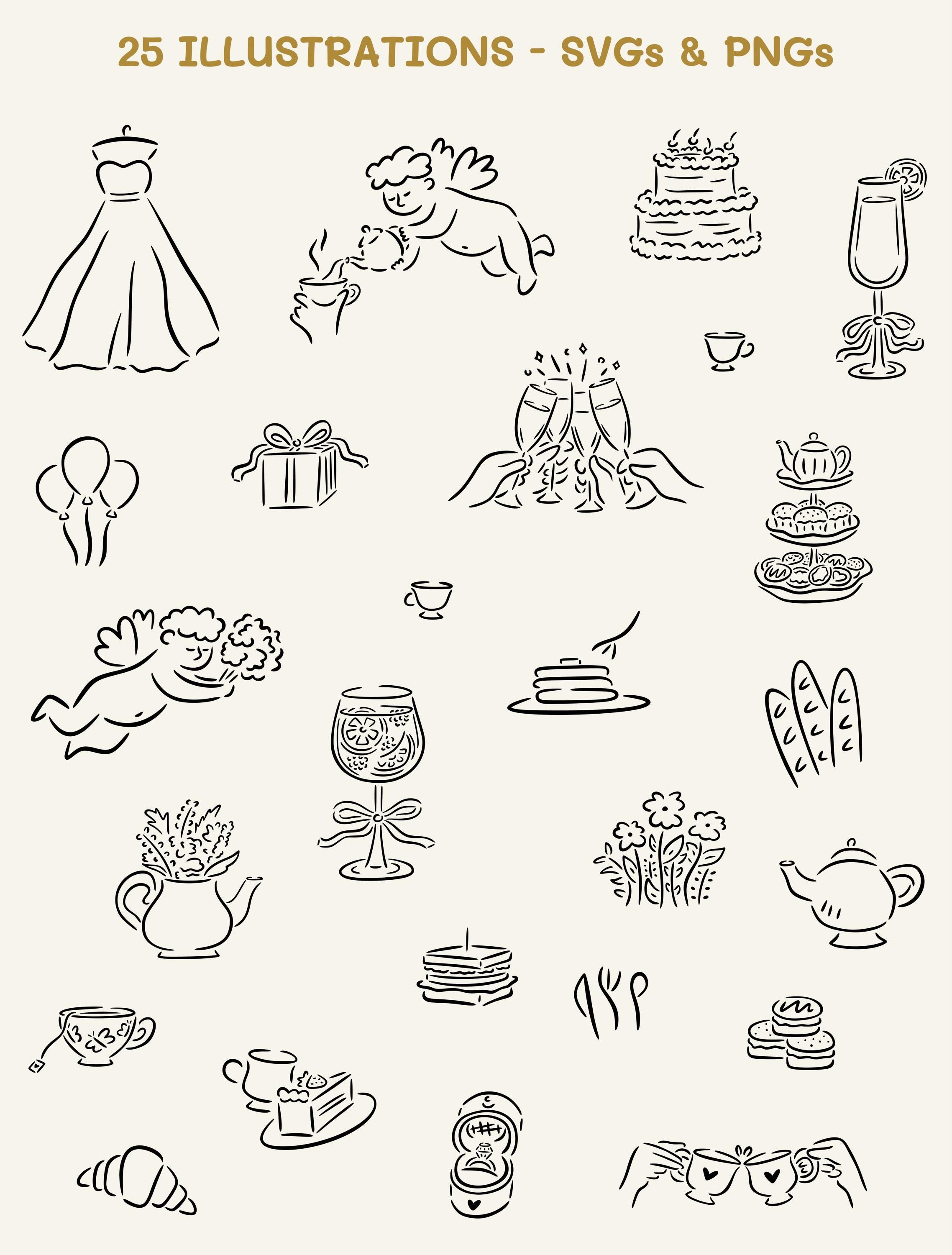 Bridal Shower Tea Party SVG PNG Bundle, Whimsical Hand Drawn Brunch ...