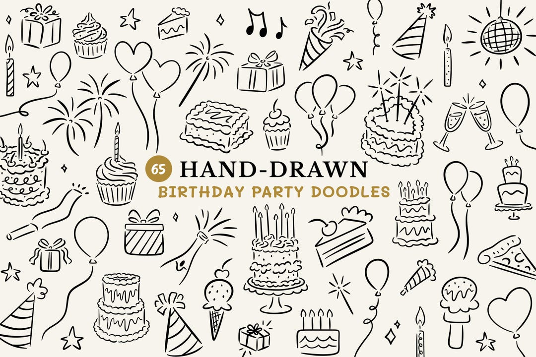 Hand Drawn Birthday Doodle SVG Bundle, Balloon Illustrations, Whimsical ...