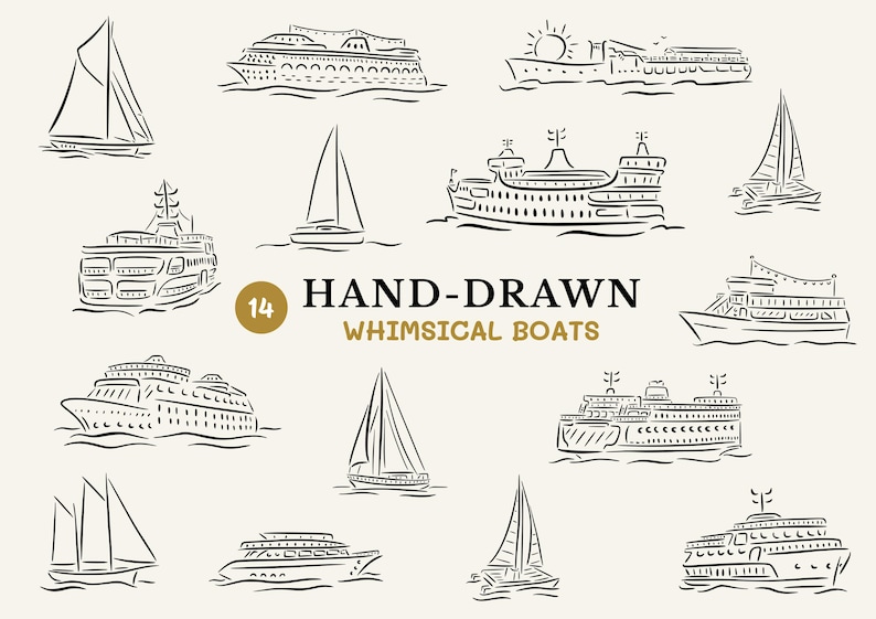 Hand Drawn Whimsical Boat SVG Bundle for Wedding Invitations, Coastal ...