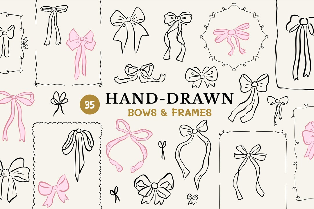 Hand Drawn Bow SVG Bundle, Cute Ribbon Doodles, Frame PNG, Pink ...