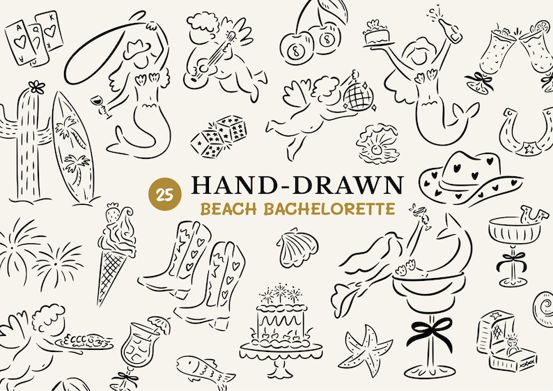 Beach Bachelorette SVG Bundle, Hand Drawn Bachelorette Doodles, Coastal ...
