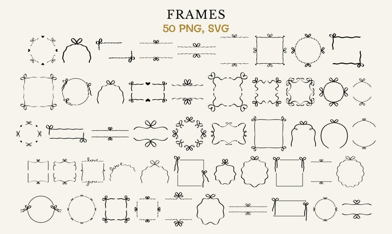 Hand Drawn Bow Frame Clipart Bundle Doodle Wedding Border Wavy Squiggle ...