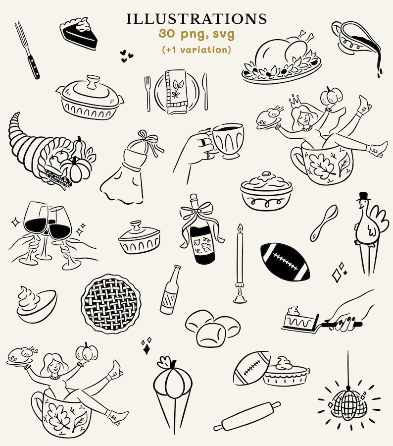 Hand Drawn Thanksgiving Clipart, Autumn Doodles, Whimsical Fall SVG ...