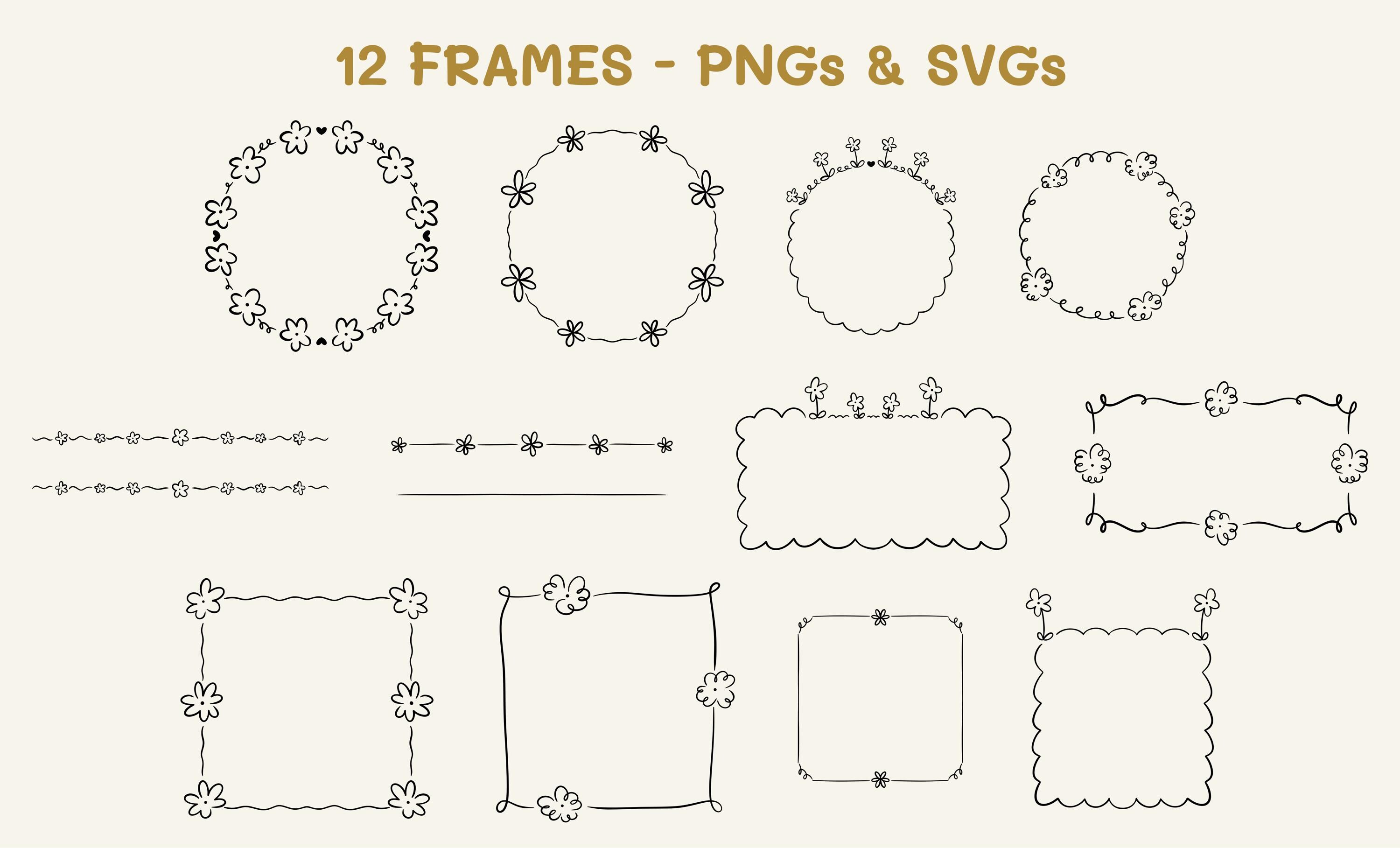 Hand Drawn Flower Frame SVG Bundle, Handdrawn Doodle Borders for ...