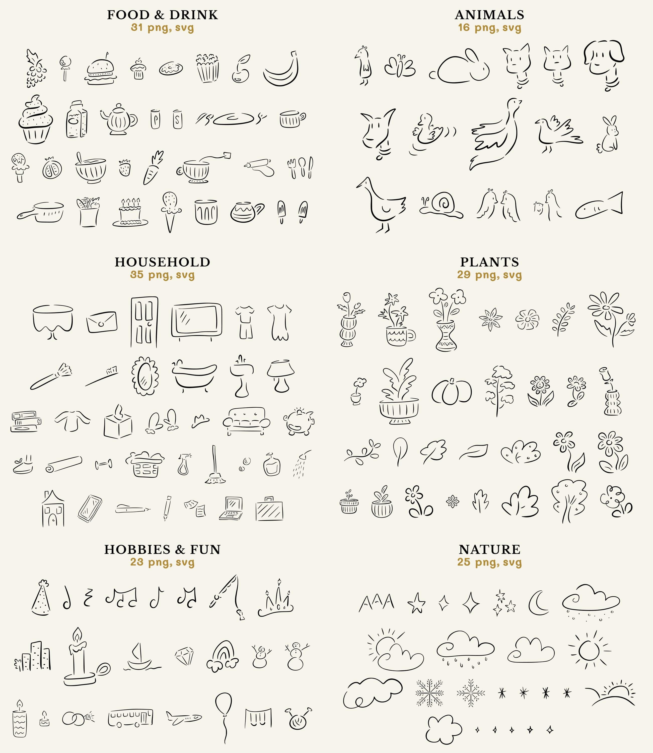 Hand Drawn Doodle SVG Bundle Line Art PNG | Vector Elements | Planner ...