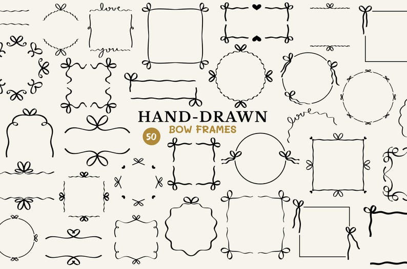 Hand Drawn Bow Frame Clipart Bundle Doodle Wedding Border Wavy Squiggle ...