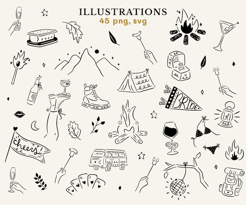 Camp Bachelorette SVG Bundle, Hand Drawn Mountain Hiking Clipart for ...
