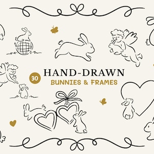 Hand Drawn Bunny SVG PNG Bundle, Rabbit Clipart, Whimsical Borders ...