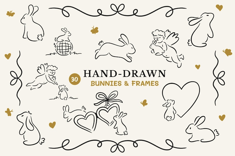 Hand Drawn Bunny SVG PNG Bundle, Rabbit Clipart, Whimsical Borders ...