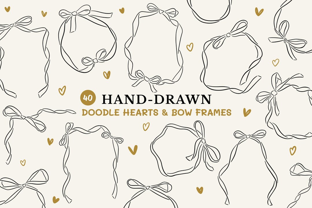 Whimsical Bow Frames SVG PNG Bundle, Hand Drawn Heart Doodles, Ribbon ...