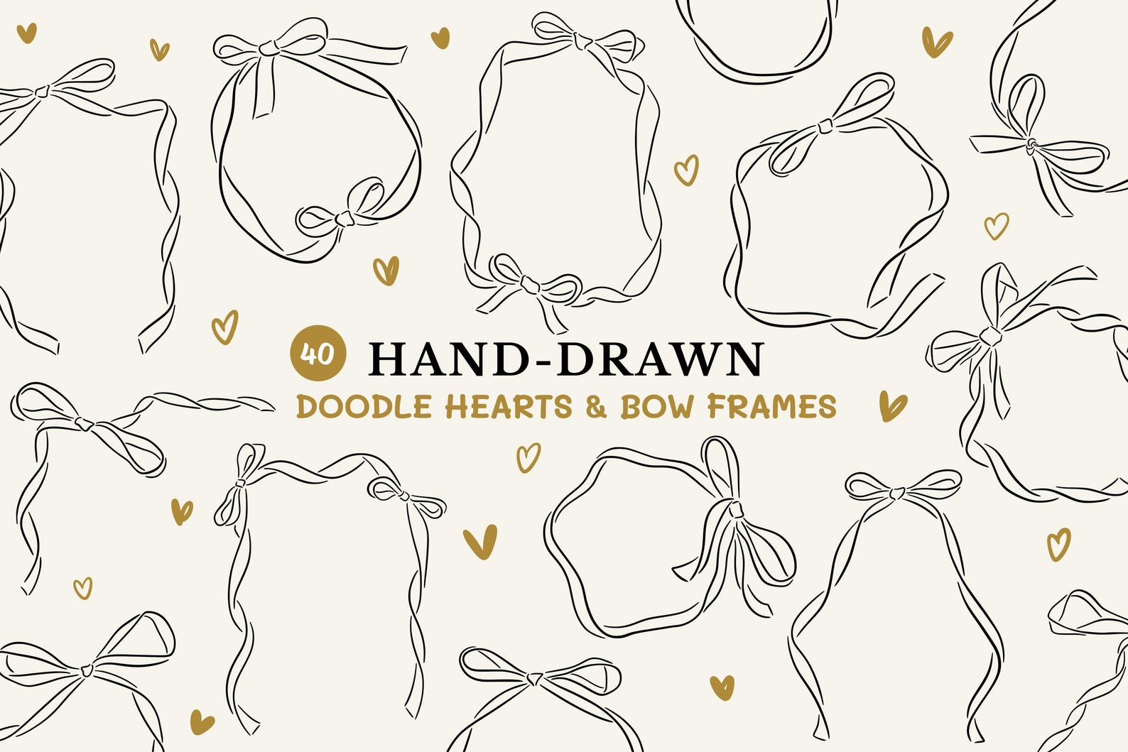 Whimsical Bow Frames SVG PNG Bundle, Hand Drawn Heart Doodles, Ribbon ...