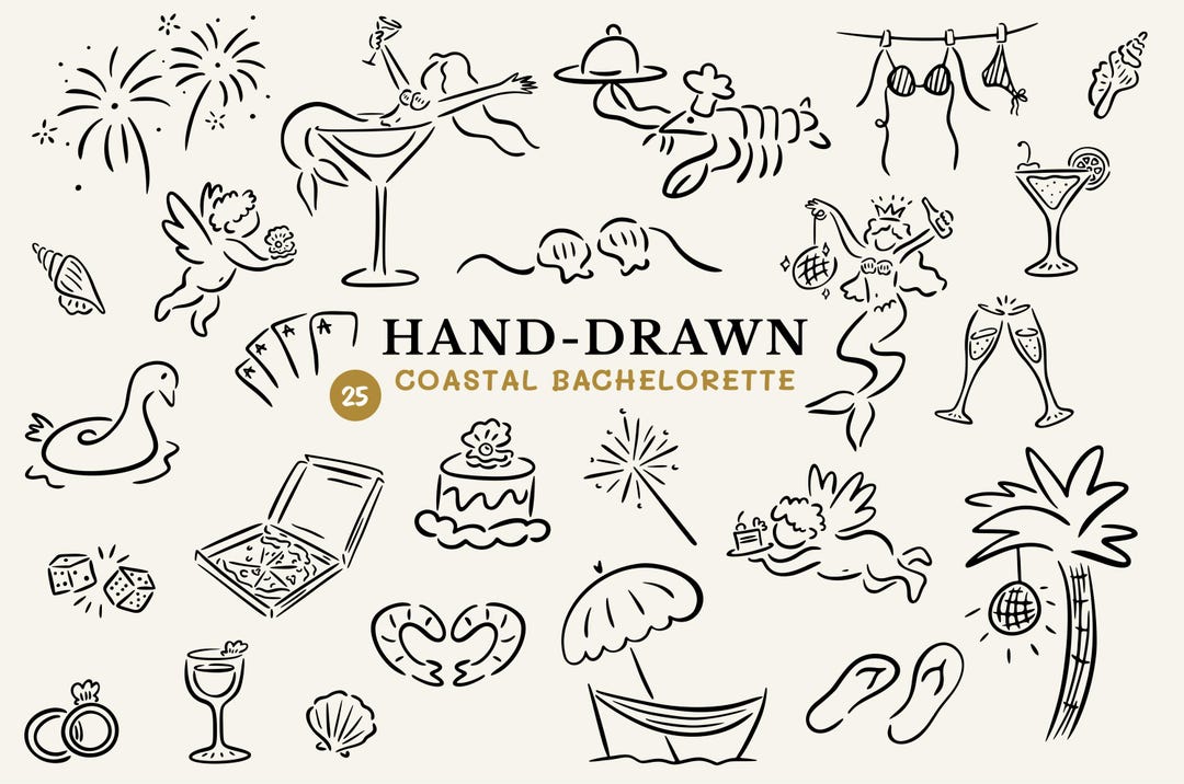 Hand Drawn Beach Bachelorette SVG Bundle, Handdrawn Whimsical Doodle ...