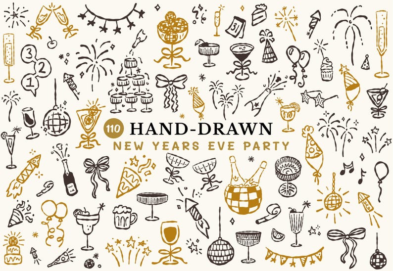 Hand Drawn New Years Eve Clipart Bundle, Party Doodles, Handdrawn New ...