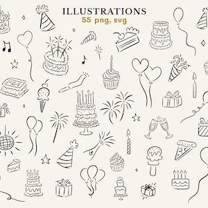 Hand Drawn Birthday Doodle SVG Bundle, Balloon Illustrations, Whimsical ...