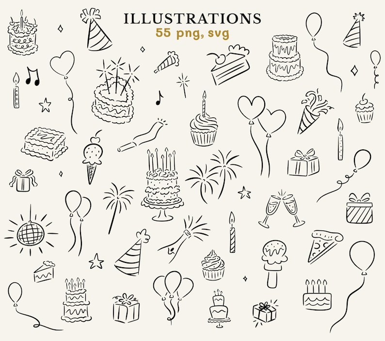 Hand Drawn Birthday Doodle SVG Bundle, Balloon Illustrations, Whimsical ...