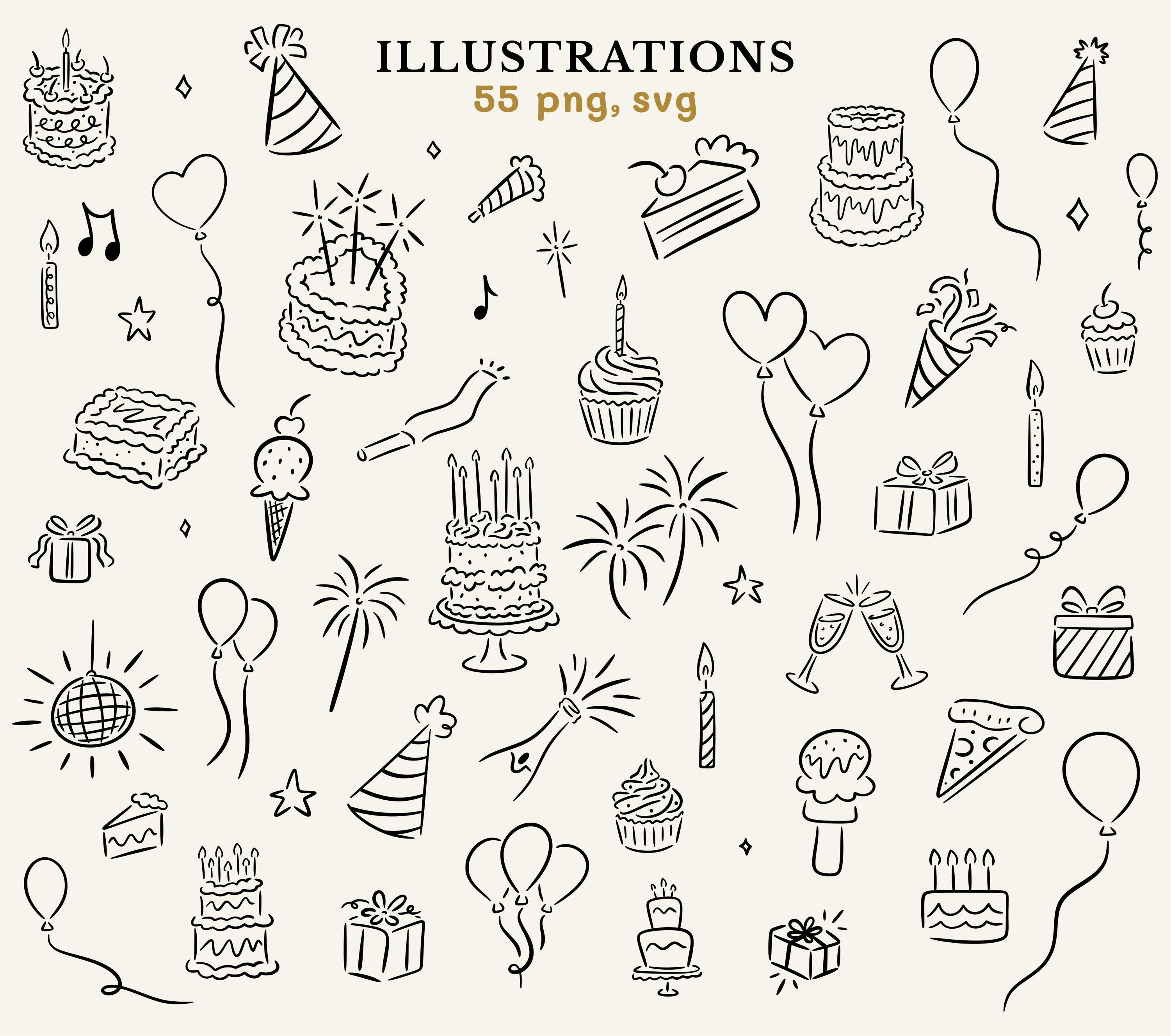 Hand Drawn Birthday Doodle SVG Bundle, Balloon Illustrations, Whimsical ...