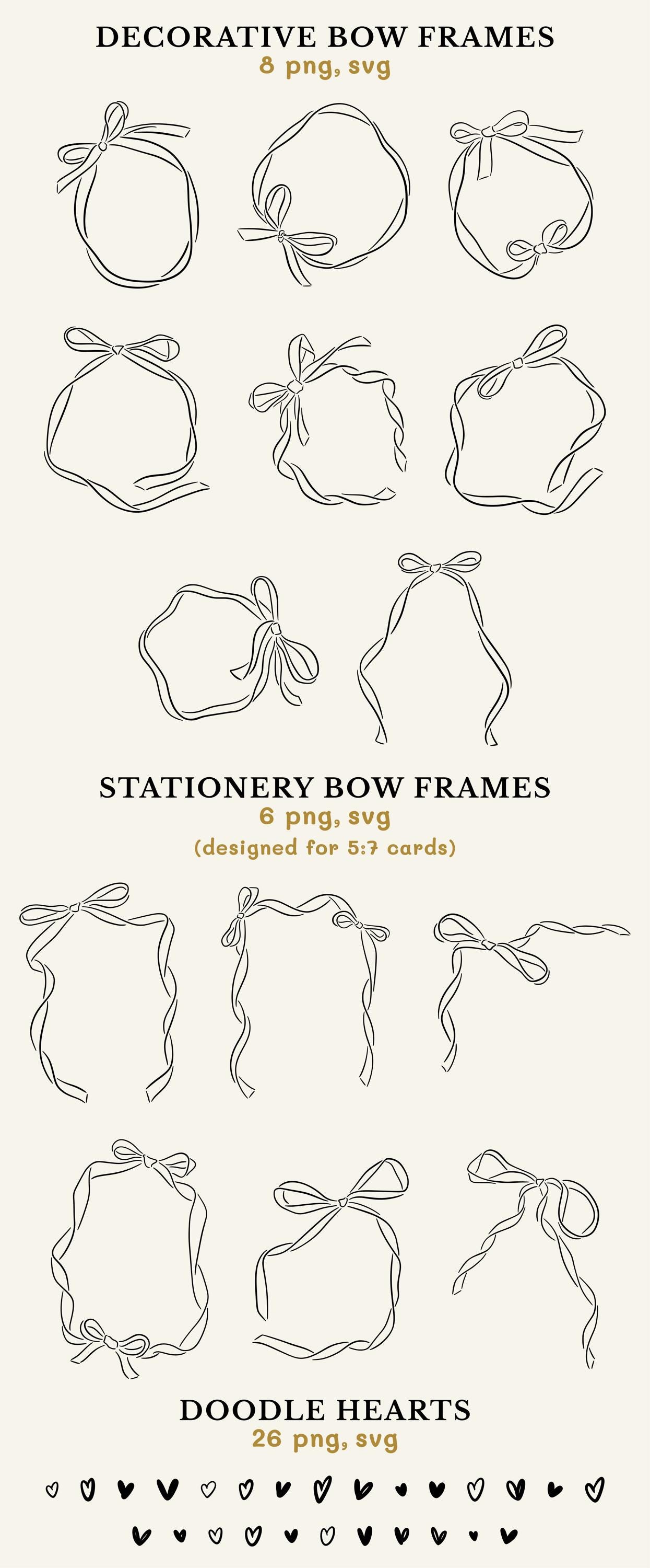 Whimsical Bow Frames SVG PNG Bundle, Hand Drawn Heart Doodles, Ribbon ...