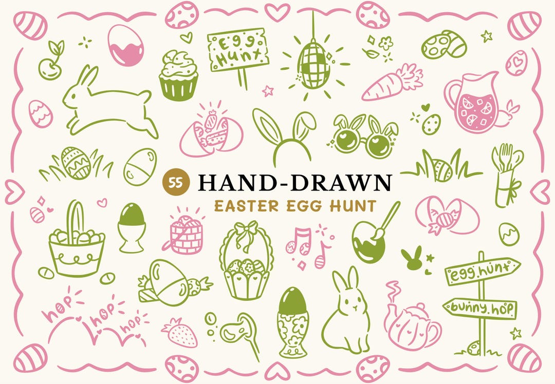 Easter Egg Hunt Clipart, Hand Drawn Easter SVG PNG, Handdrawn Bunny ...