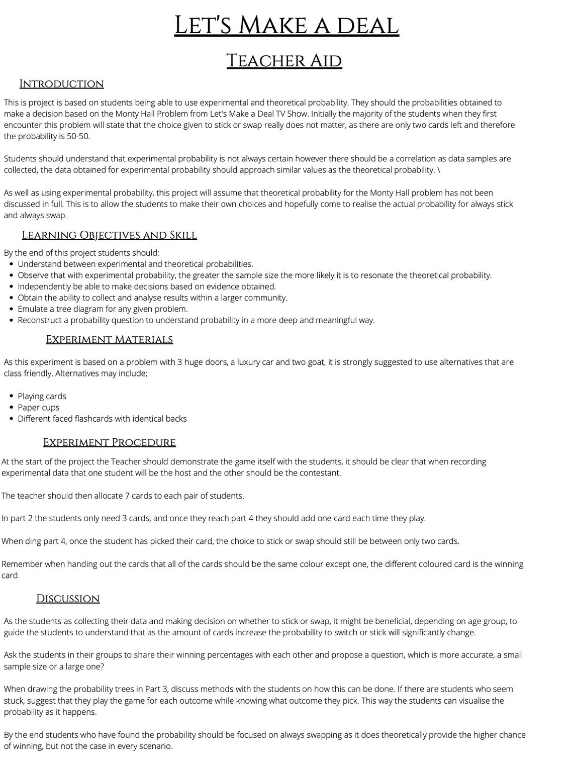 Probability Activity: the Monty Hall Problem/ Let's Make a Deal - Fun ...