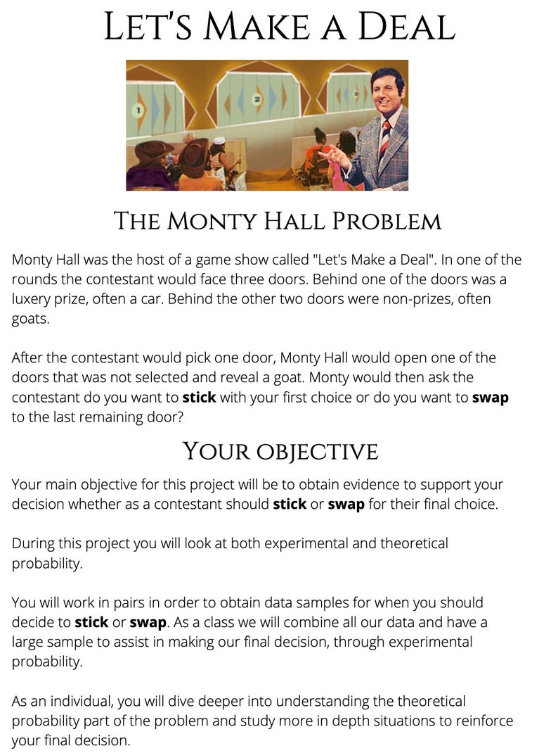 Probability Activity: the Monty Hall Problem/ Let's Make a Deal - Fun ...