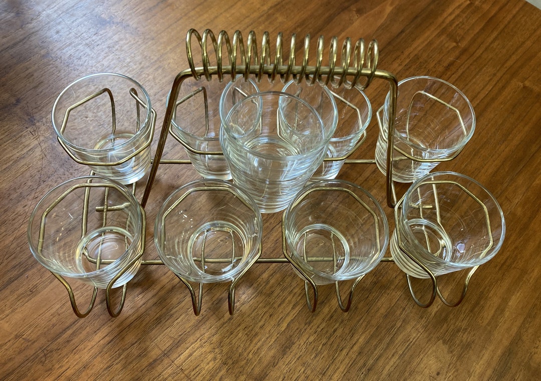 Midcentury Portable Gold Wire Cocktail Wine Glass Carry Caddy Rack With ...