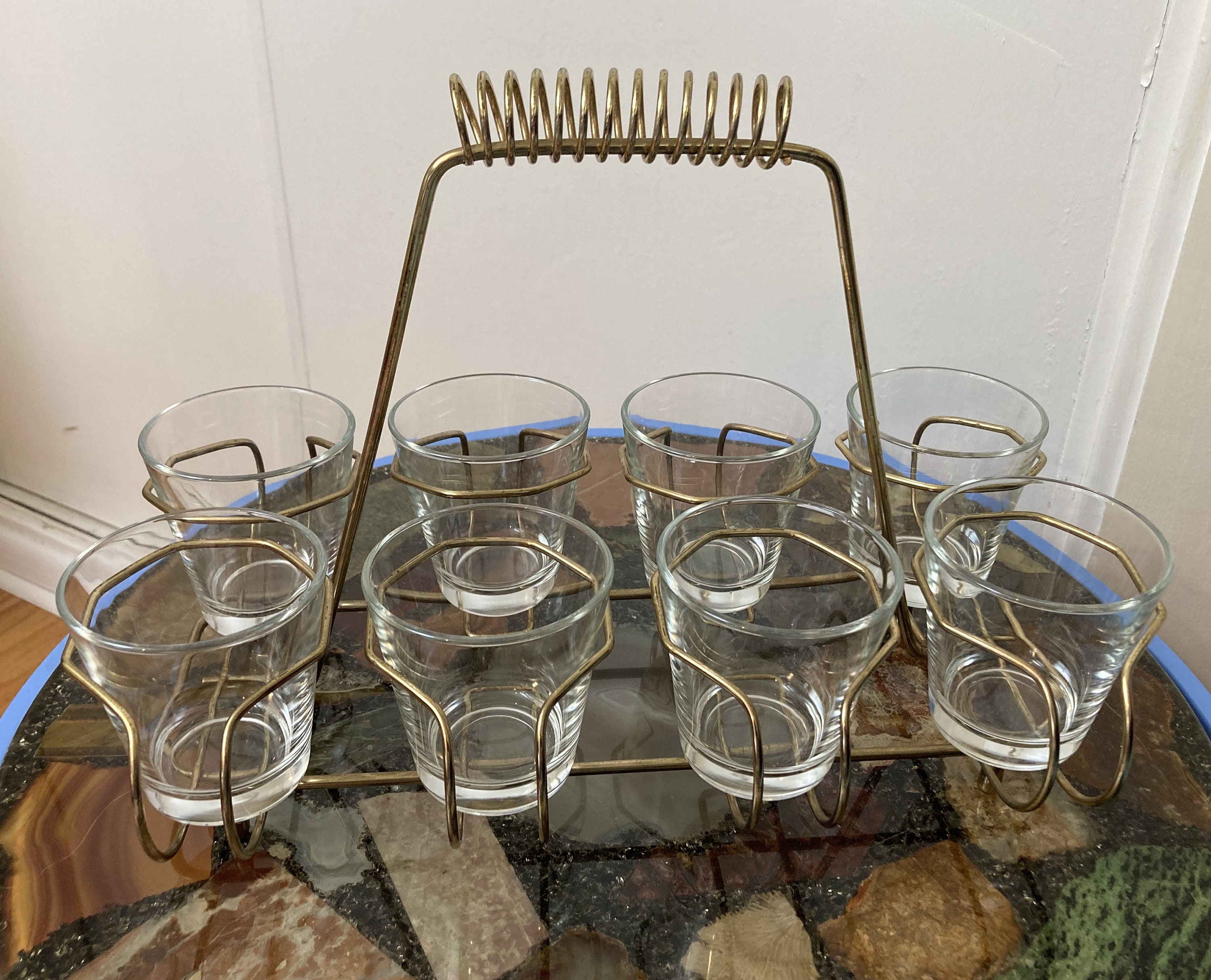 Midcentury Portable Gold Wire Cocktail Wine Glass Carry Caddy Rack With ...