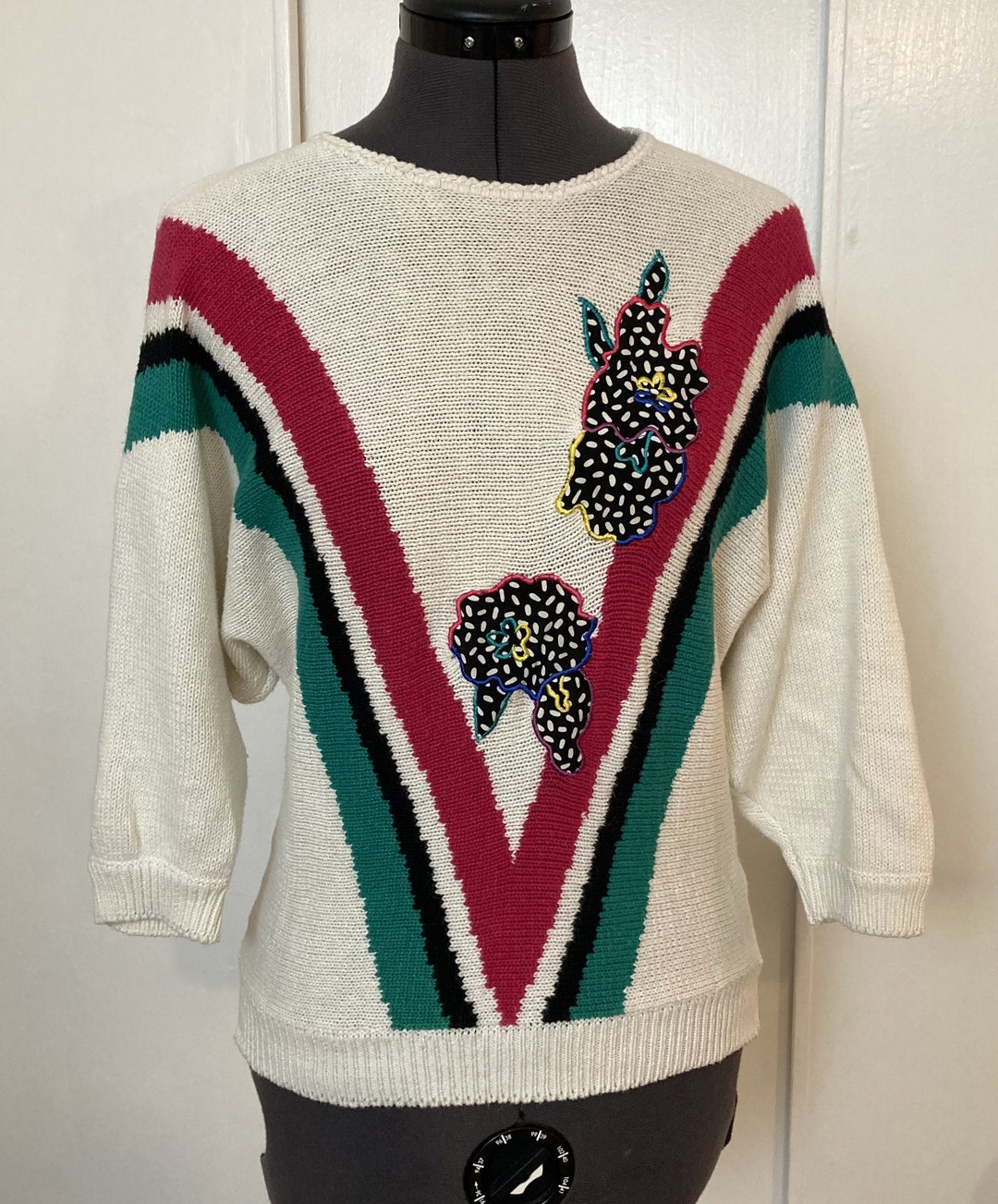 Vintage Koret Petites Dolman 3/4 Sleeved White Floral 80's Geometric ...